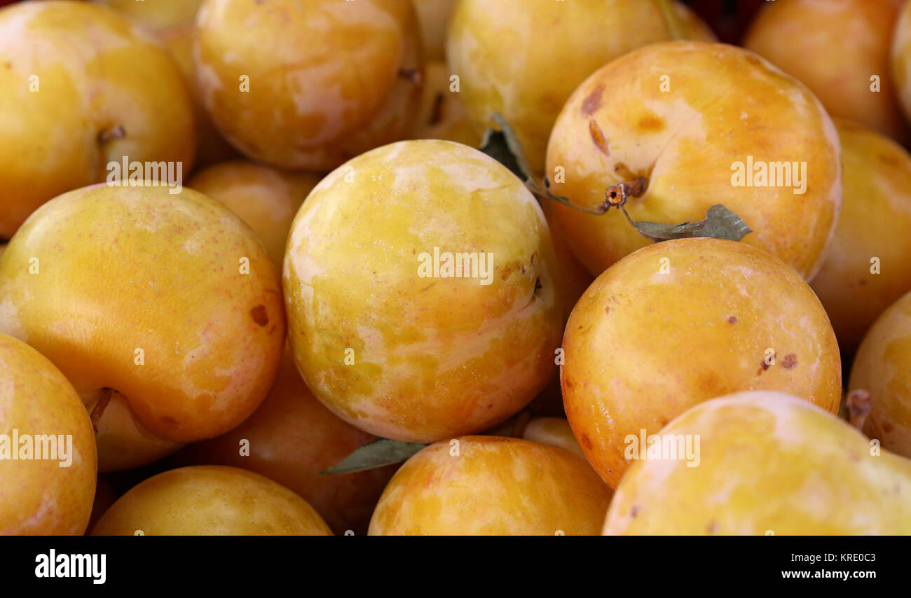 Fresh yellow plums on retail market display Stock Photo - Alamy