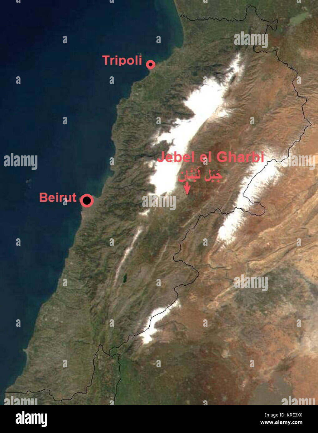 Jebel el gharbi in labanon satellite map Stock Photo - Alamy