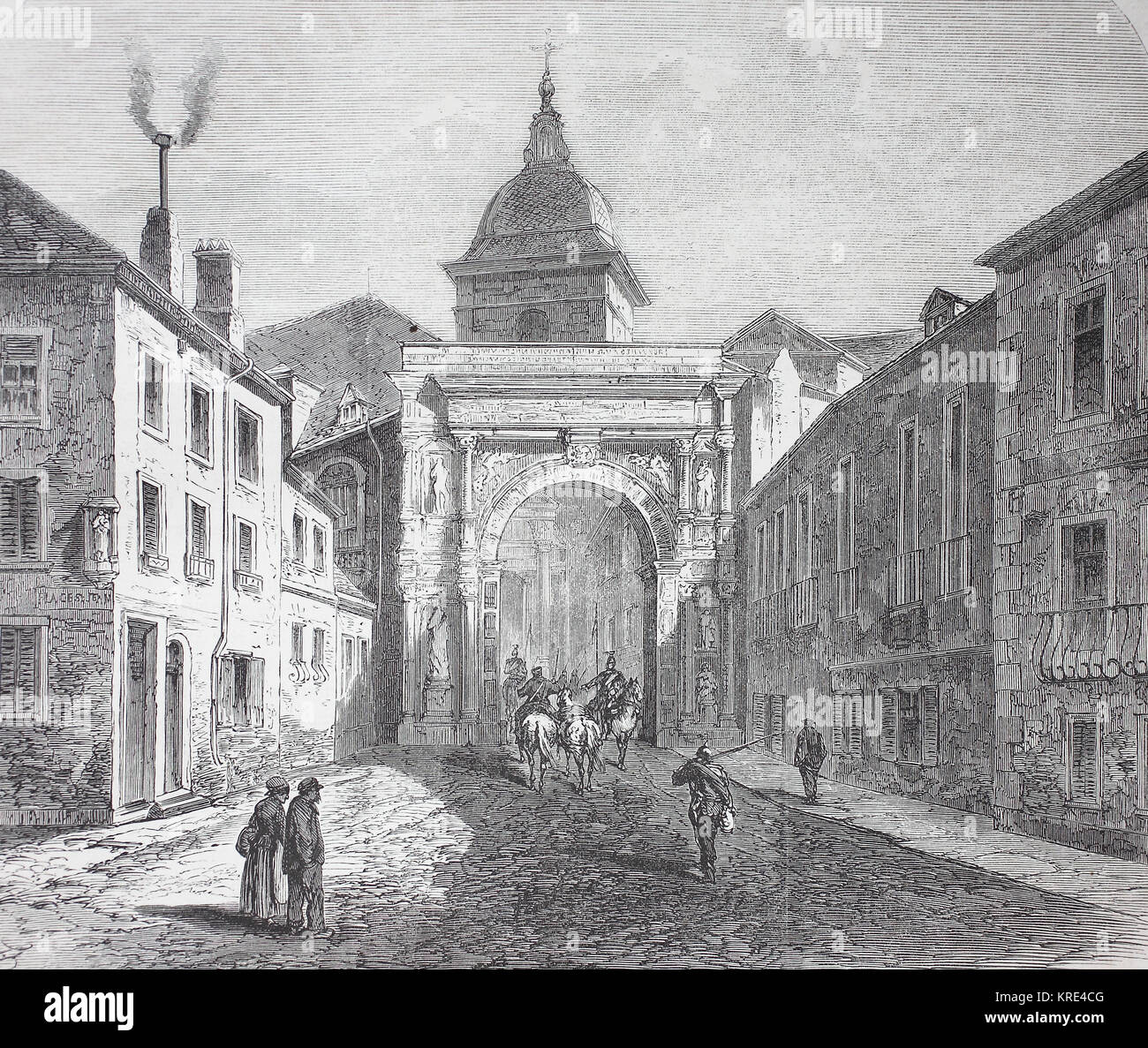 Soldiers ride through the gate, Porte Noire in Besancon, France, Franco ...
