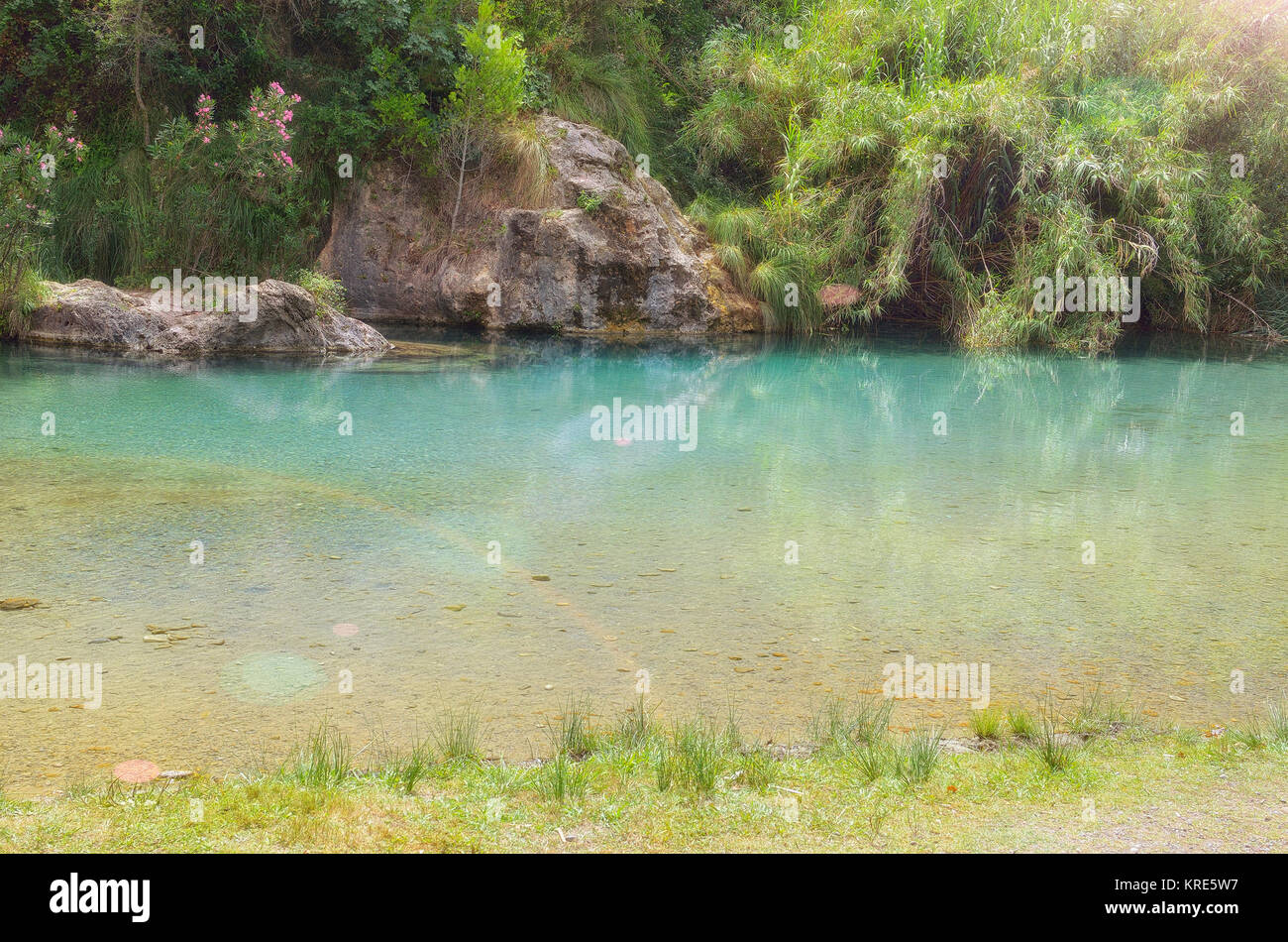 Warm landscape. Mijares river. Thermal swimming area, located in ...