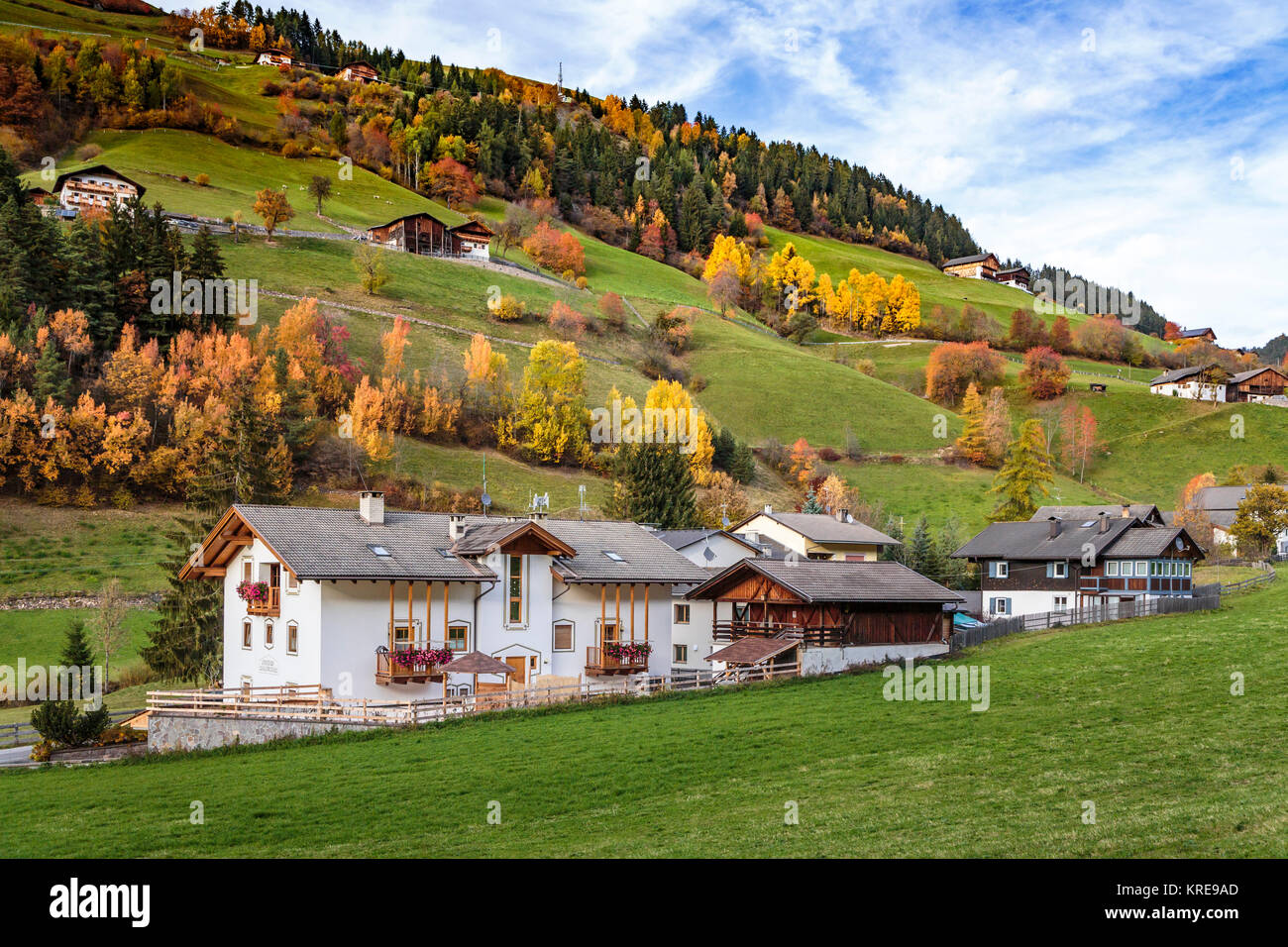 Rural homes and pastures with fall foliage color near Funes, Italy ...