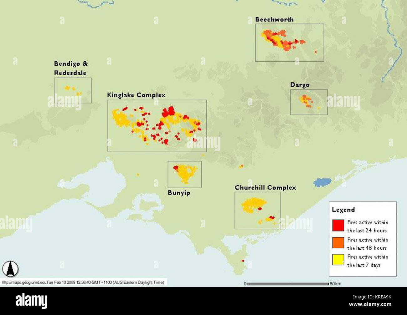 2009 Victorian bushfires map 10 February annotated Stock Photo - Alamy