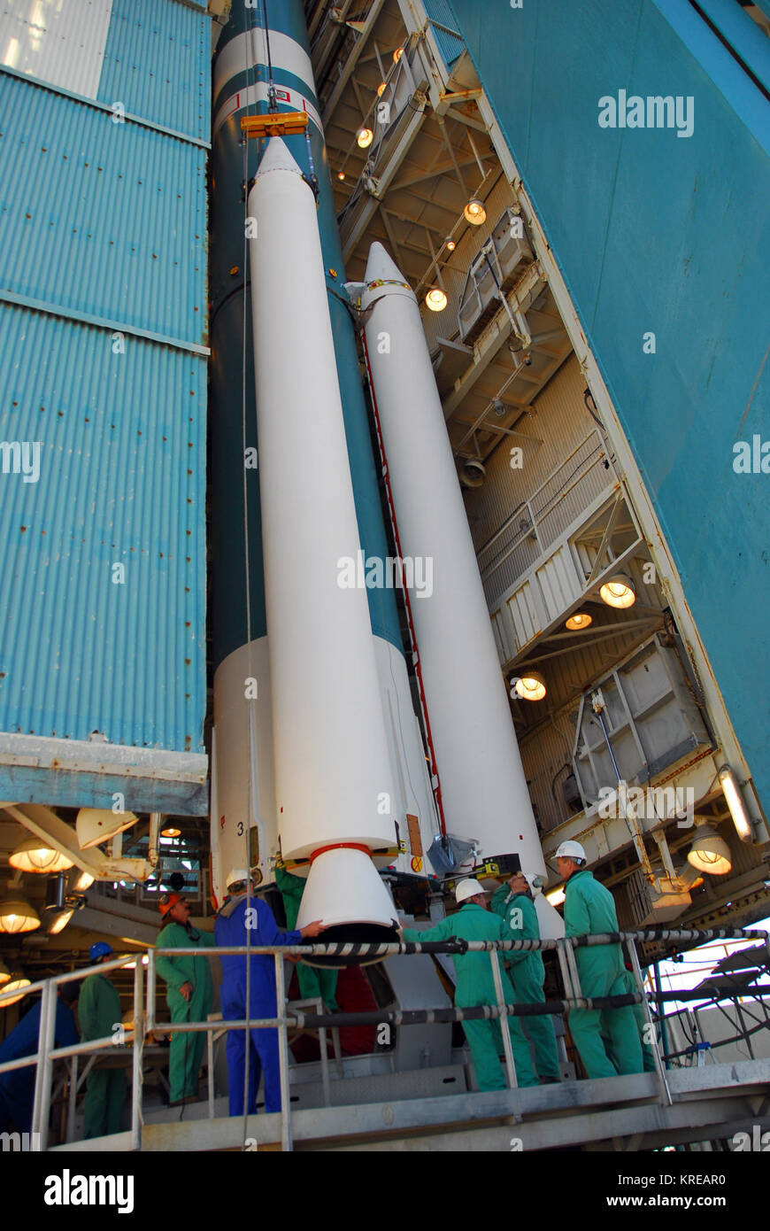 Attachment of one of three solid rocket booster to Aquarius SAC-D Delta ...
