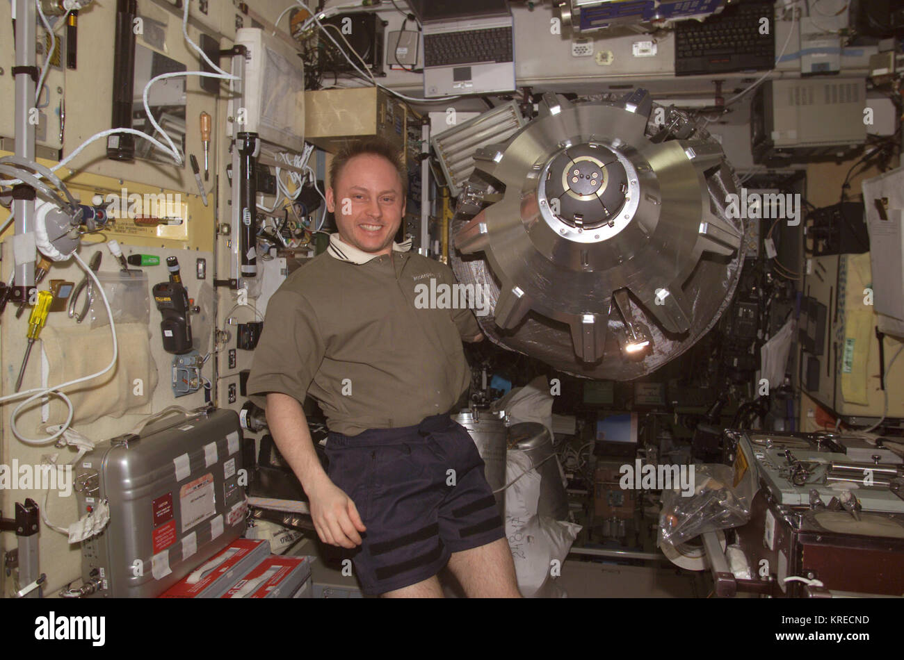Expedition 9 flight engineer Mike Fincke in the Zvezda Service Module ...