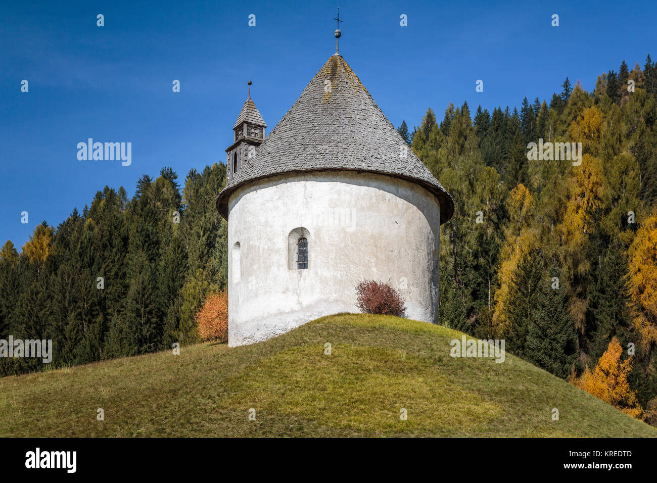 A small round church near Kronplatz, Dobbiaco, South Tyrol, Italy ...