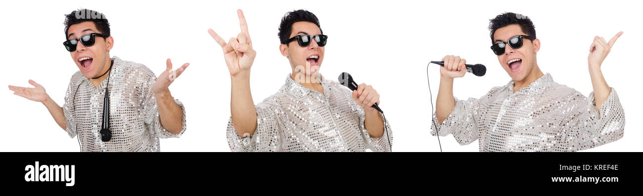 Man with mic isolated on white Stock Photo - Alamy
