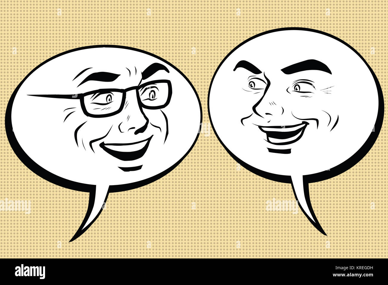 Two happy men talking. Comic bubble smiley face Stock Photo - Alamy