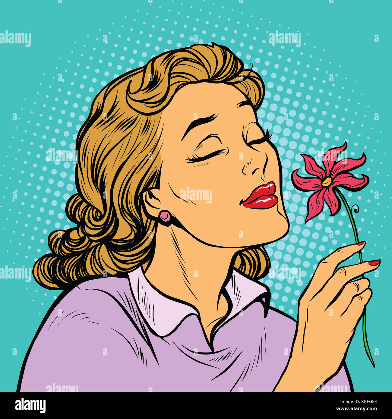 Beautiful woman inhaling fragrance of a flower Stock Photo - Alamy