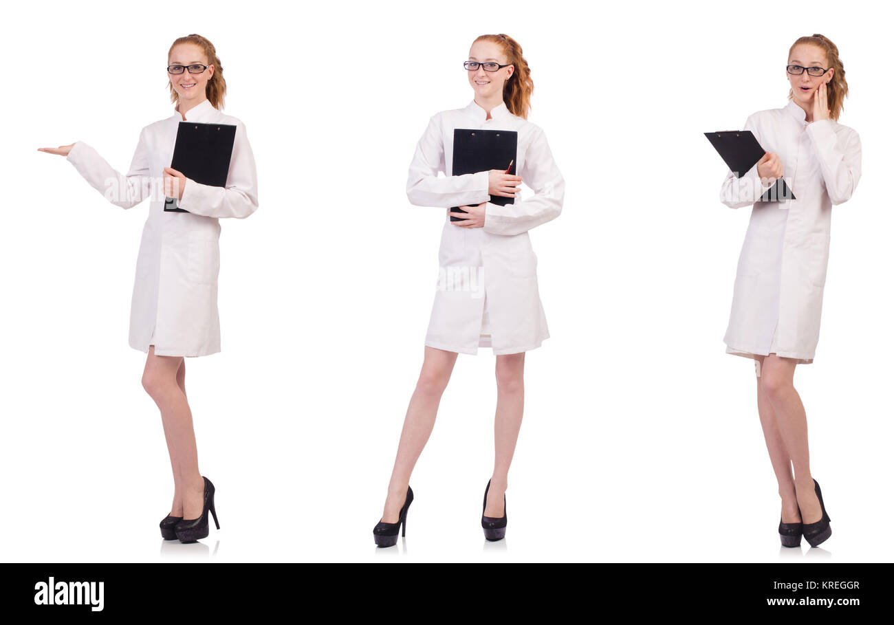 Pretty female doctor holding diary isolated on white Stock Photo - Alamy