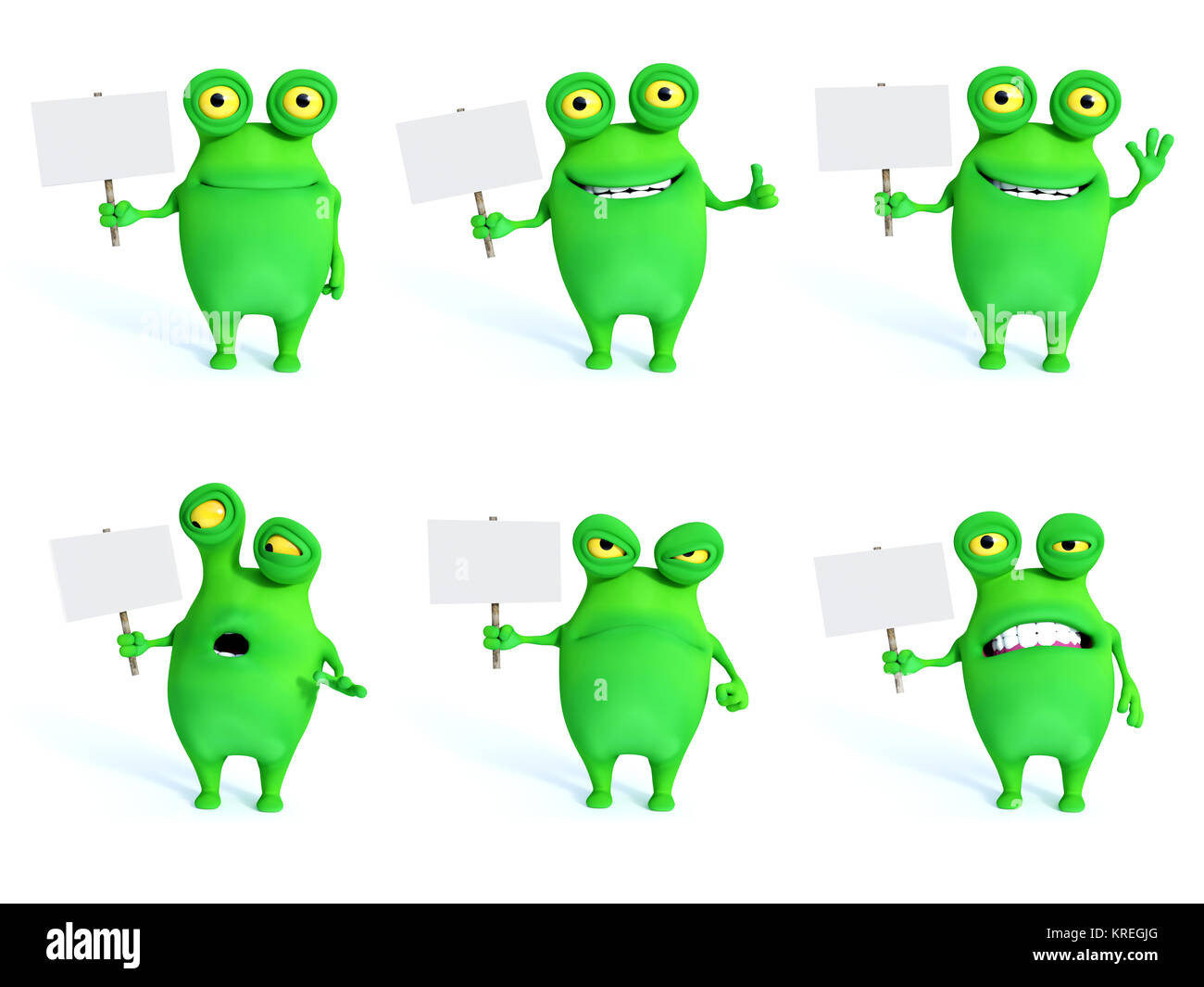 3D rendering collection of charming green monsters with blank signs ...