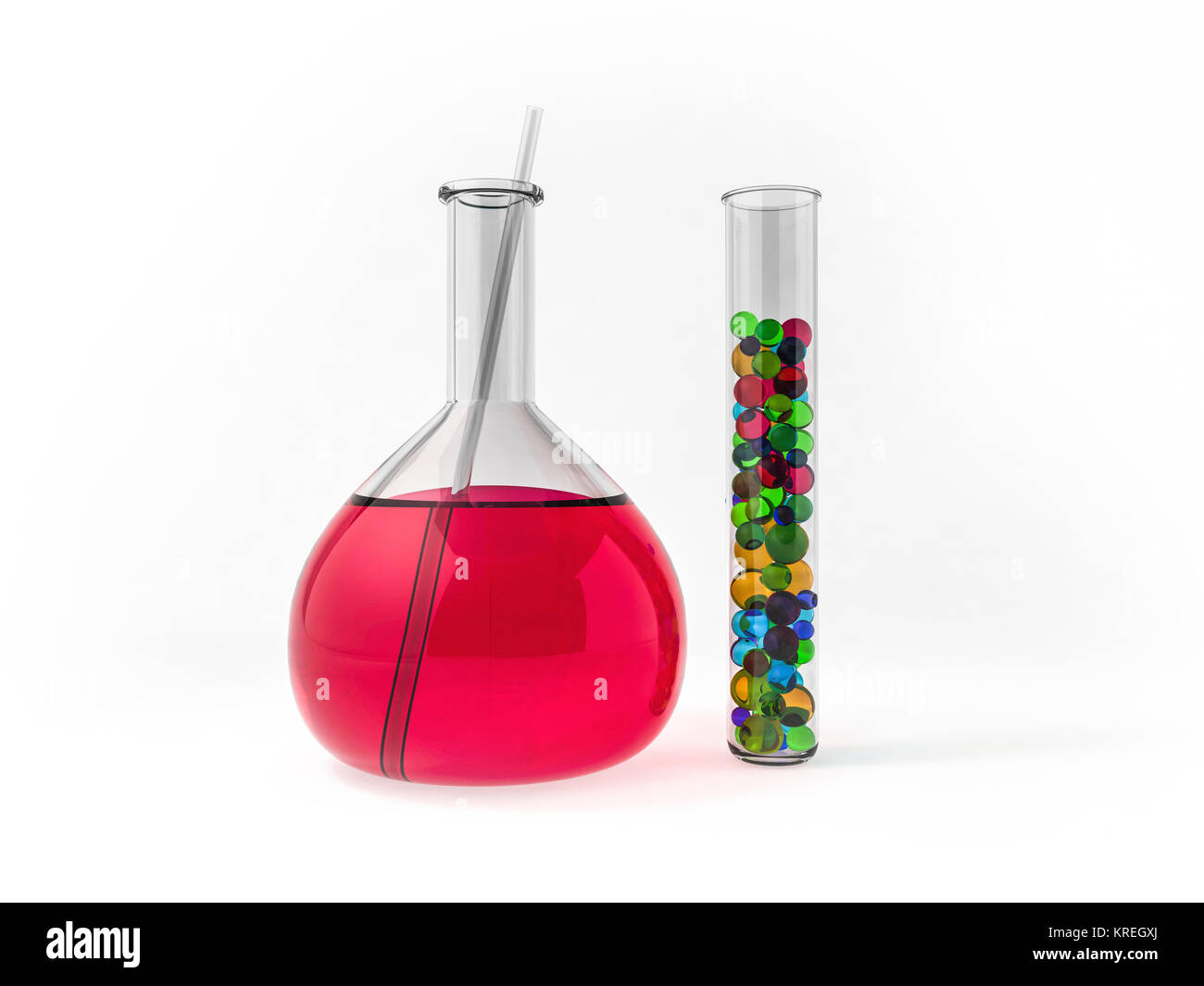 Chemistry flasks with liquid on color background. 3D rendering Stock ...