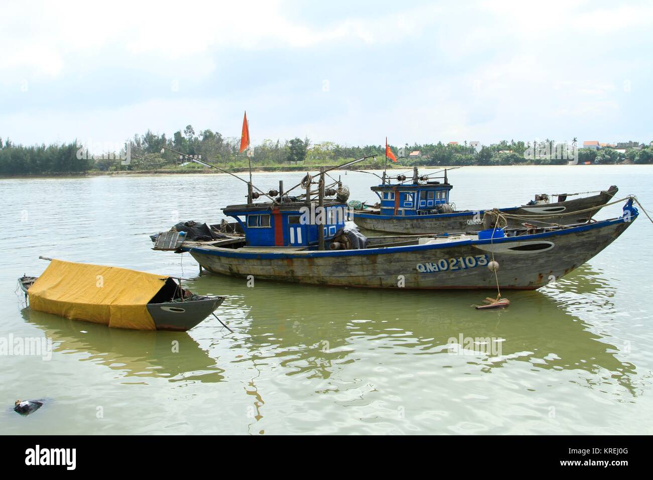 Vietnamese river boats with the eye painted on the front, Thu Bon River ...