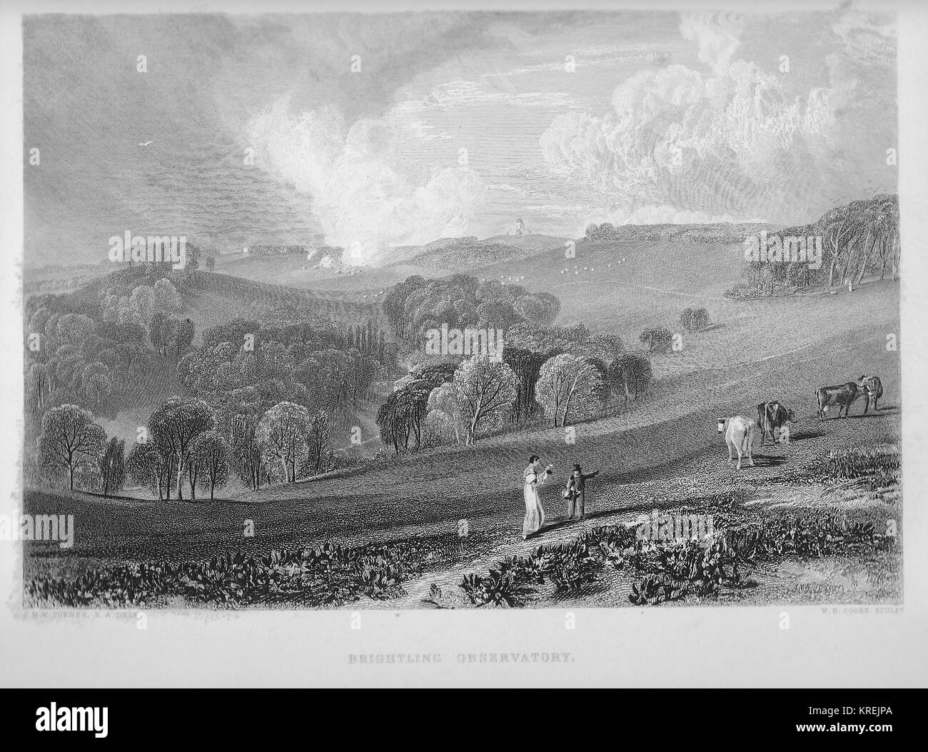 Nineteenth century engraving of Brightling Observatory, Sussex, England ...