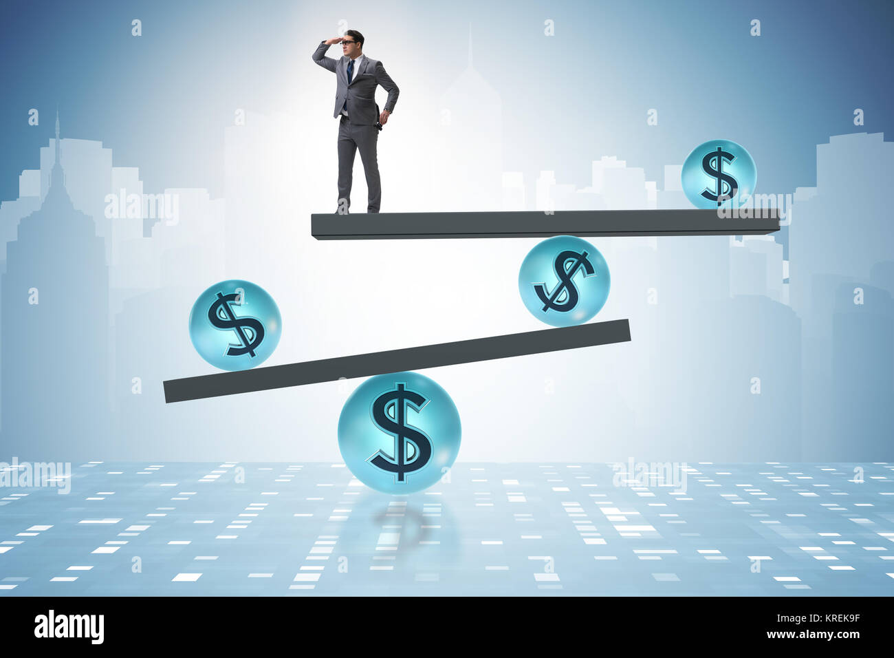 Businessman balancing in financial dollar concept Stock Photo - Alamy