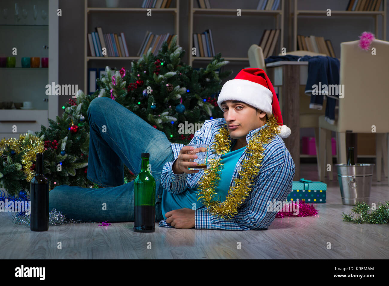 Man celebrating christmas at home alone Stock Photo - Alamy