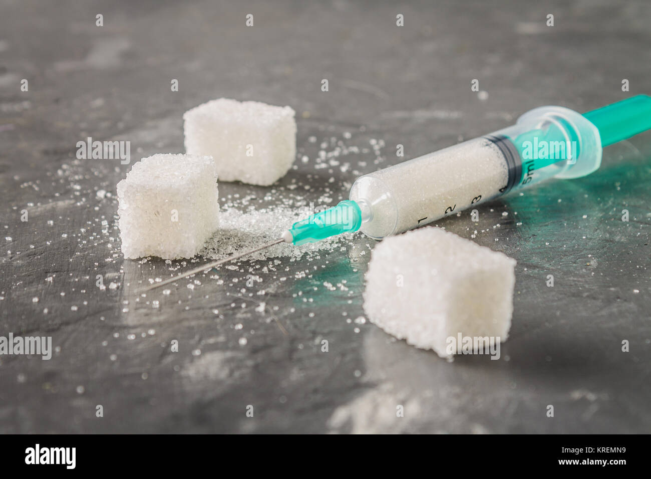 Sugar in a syringe. Conceptual depiction of dependence on the sweet ...