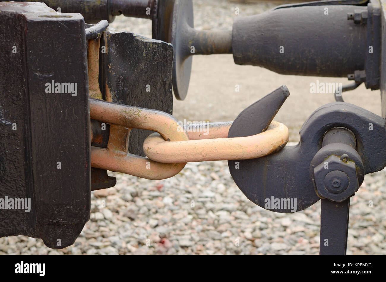 standard railcar coupler.With her help, created a train Stock Photo - Alamy