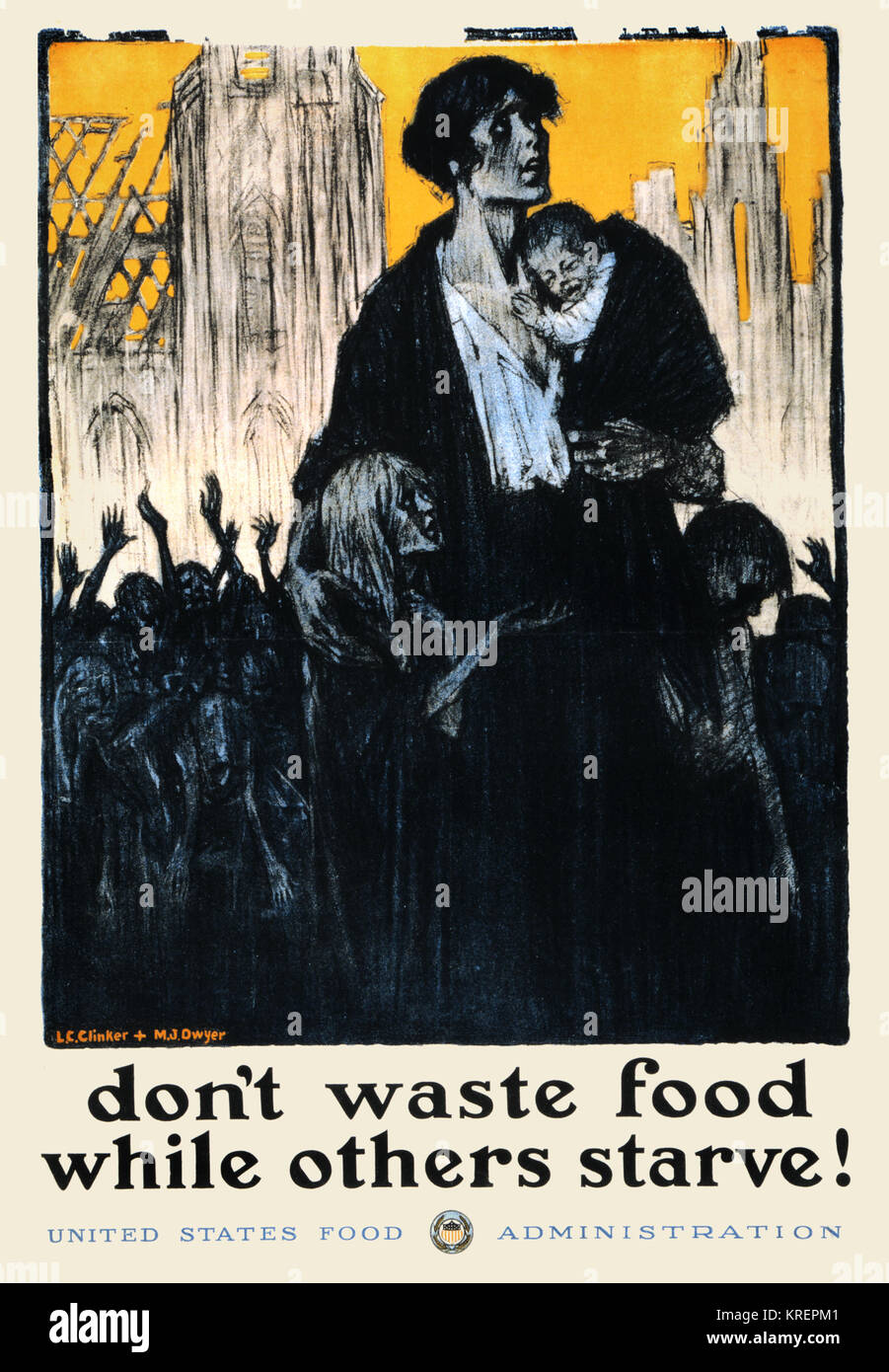 "Poster showing a gaunt mother and children, with others, among ruins ...