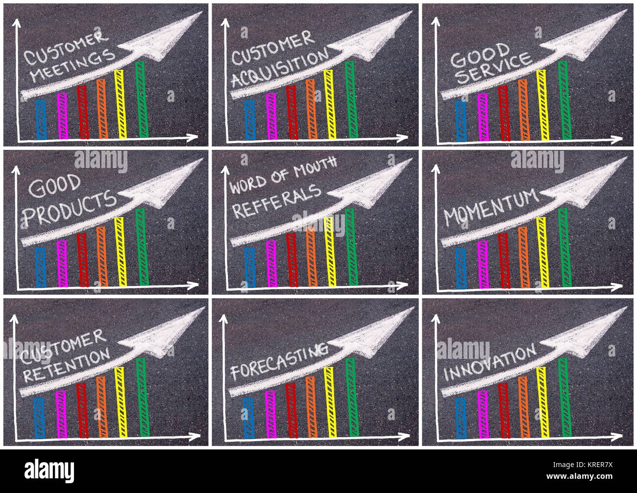 Photo collage of various business messages written over colorful graph ...