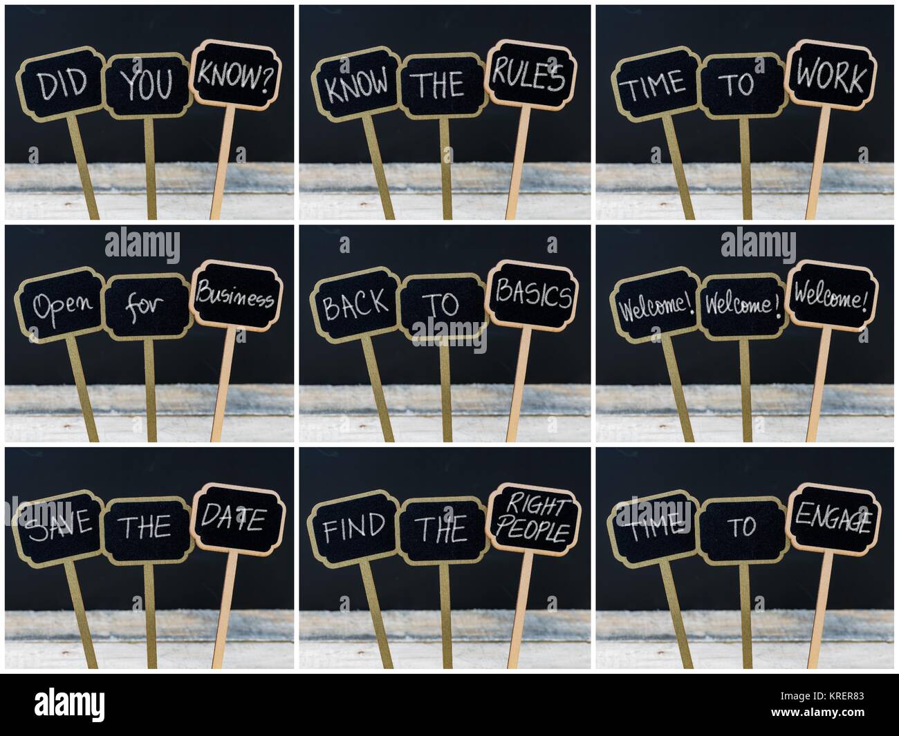 Photo collage of various business messages written on mini blackboard ...