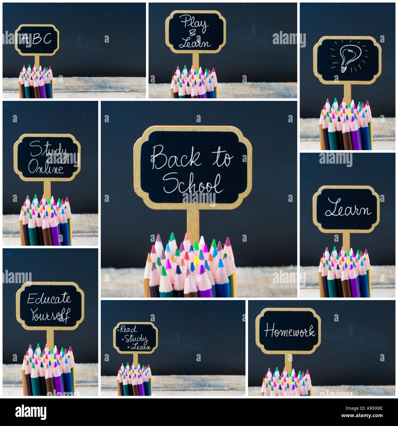 Photo collage of wooden mini blackboard labels on the theme Back To ...