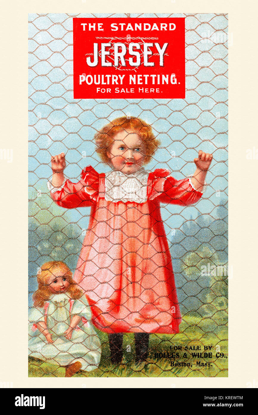 Victorian trade card for Standard Jersey Poultry Netting. A girl and ...