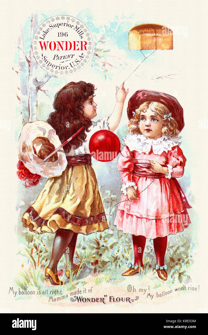 "Victorian trade card for Wonder flour. A cute scene with two girls ...