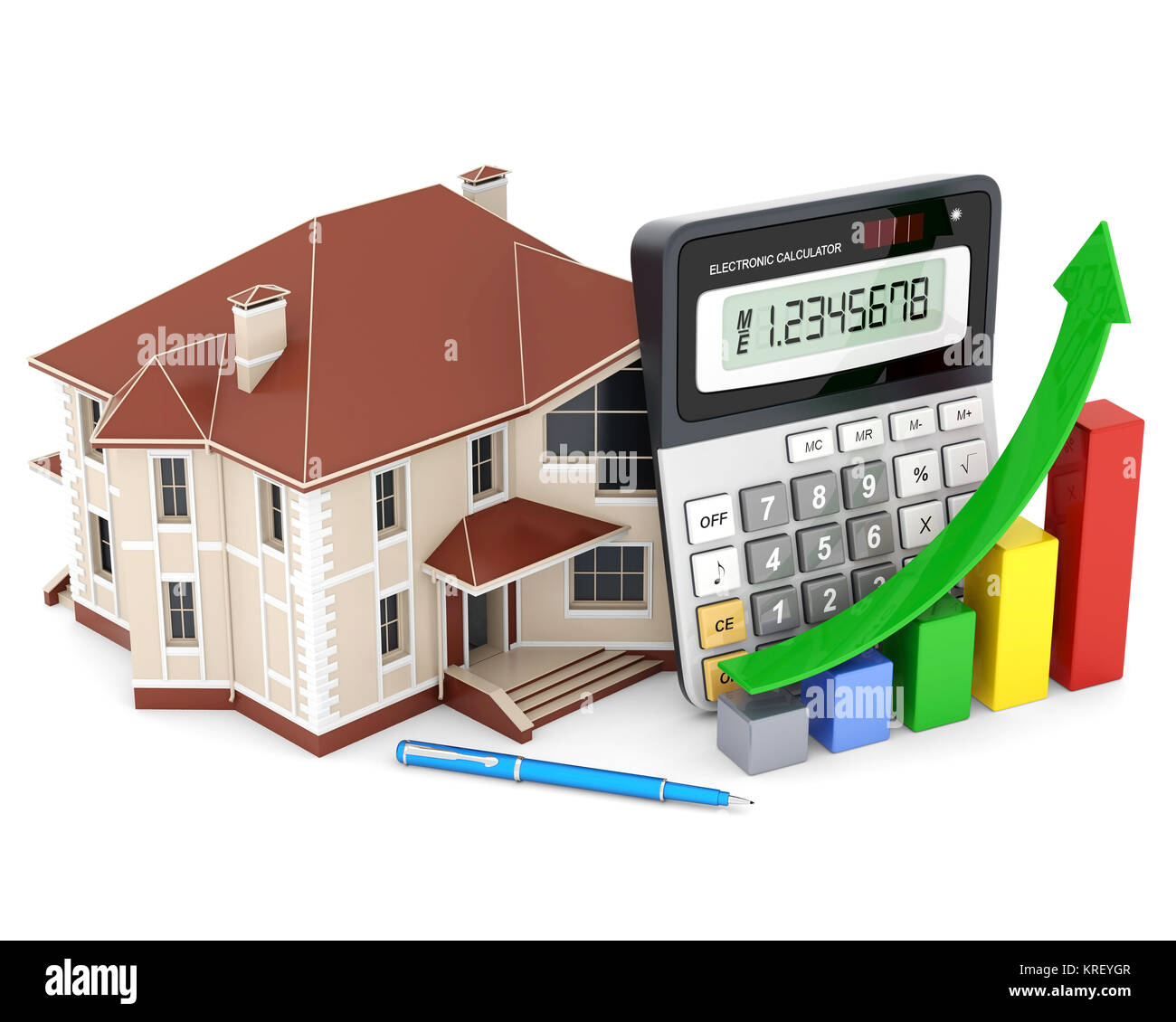 house, calculator and pen on a white background Stock Photo - Alamy