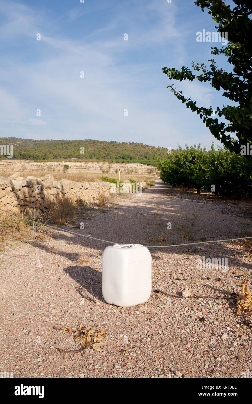 Plastic container acting as a bollard and no entry symbol Stock Photo ...