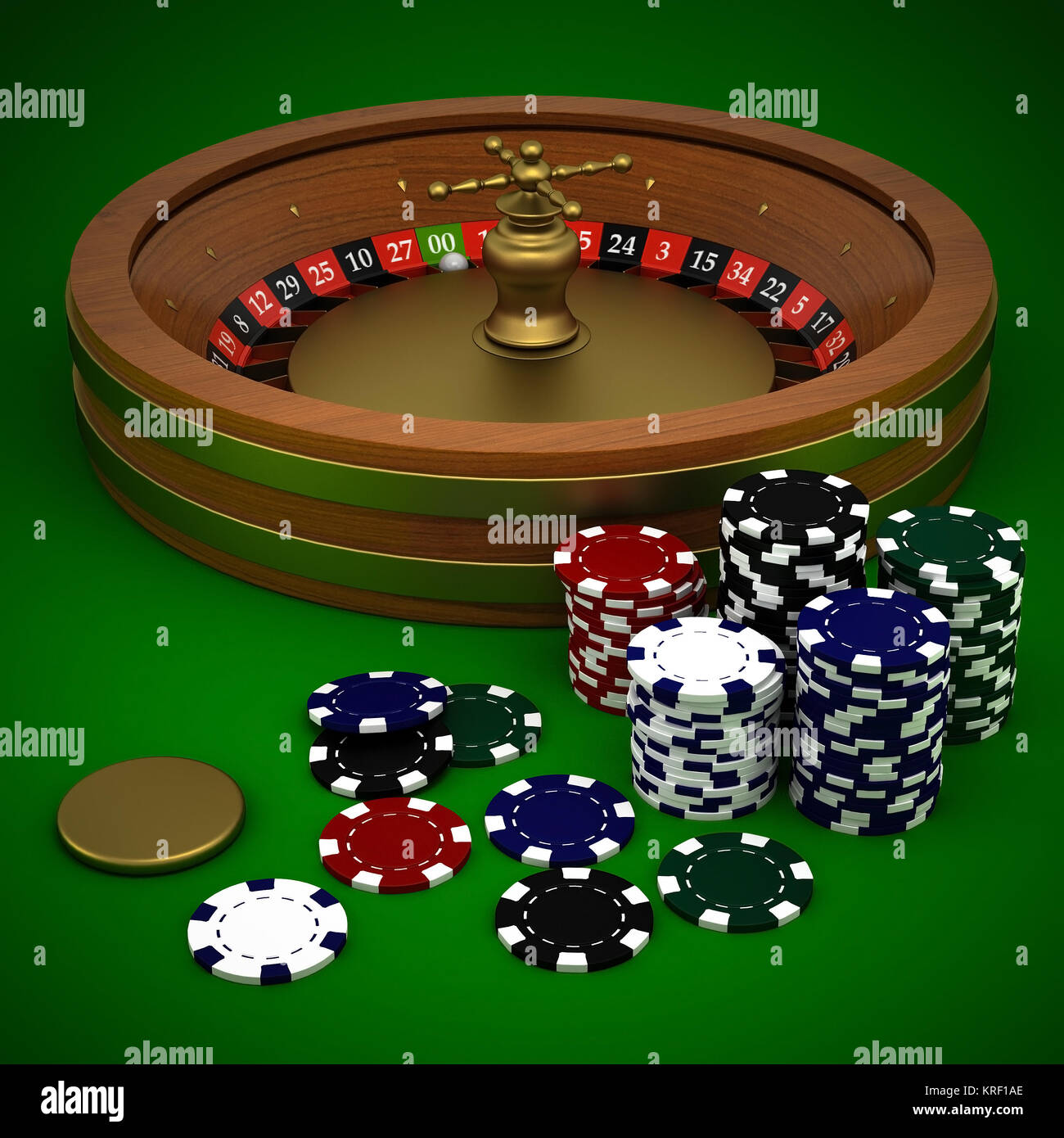 Roulette and casino chips on a green background Stock Photo - Alamy
