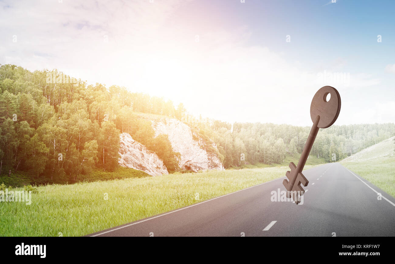 Conceptual background image of concrete key sign on asphalt road Stock ...