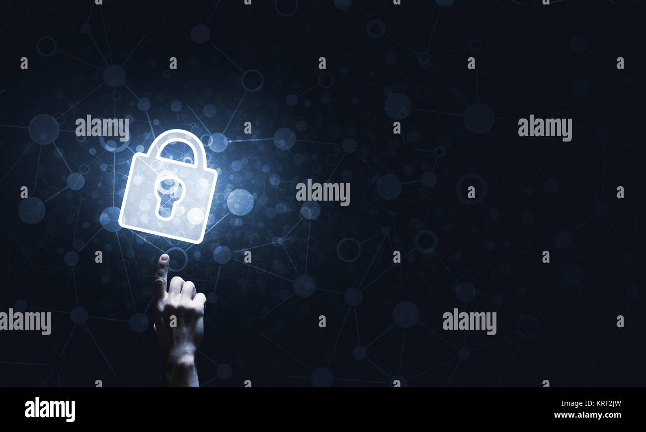 Hand pointing with finger at padlock as concept of internet security ...