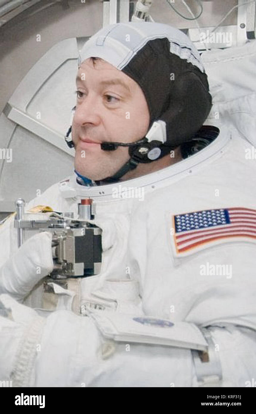 STS-130 Training Nicholas Patrick spacesuit fit check cropped Stock ...