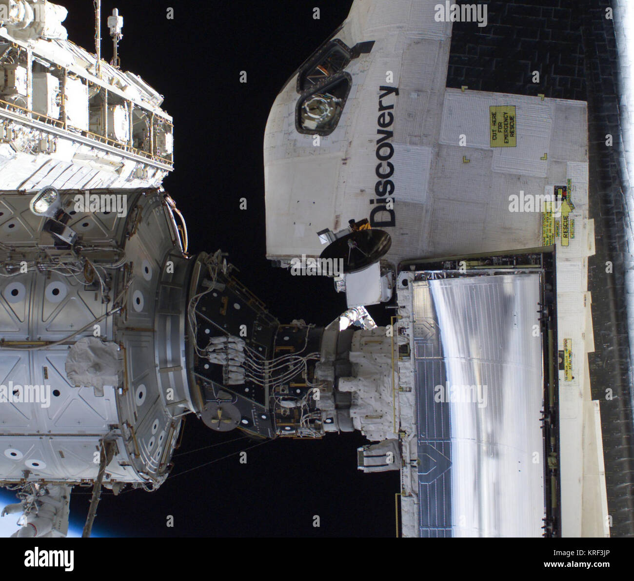 Space Shuttle docked to station - cropped and rotated Stock Photo - Alamy