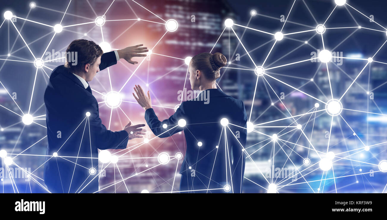 Concept of social connection and networking against night city view and ...