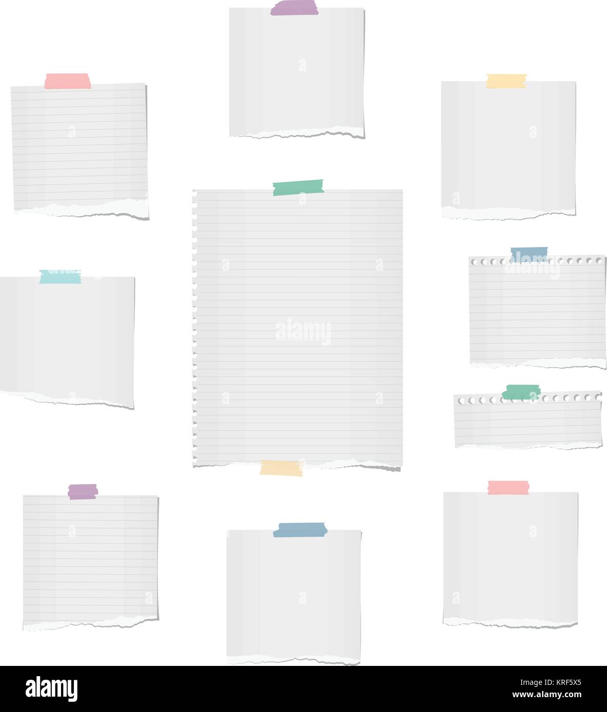 White ripped lined and blank note, notebook paper strips, sheet for ...