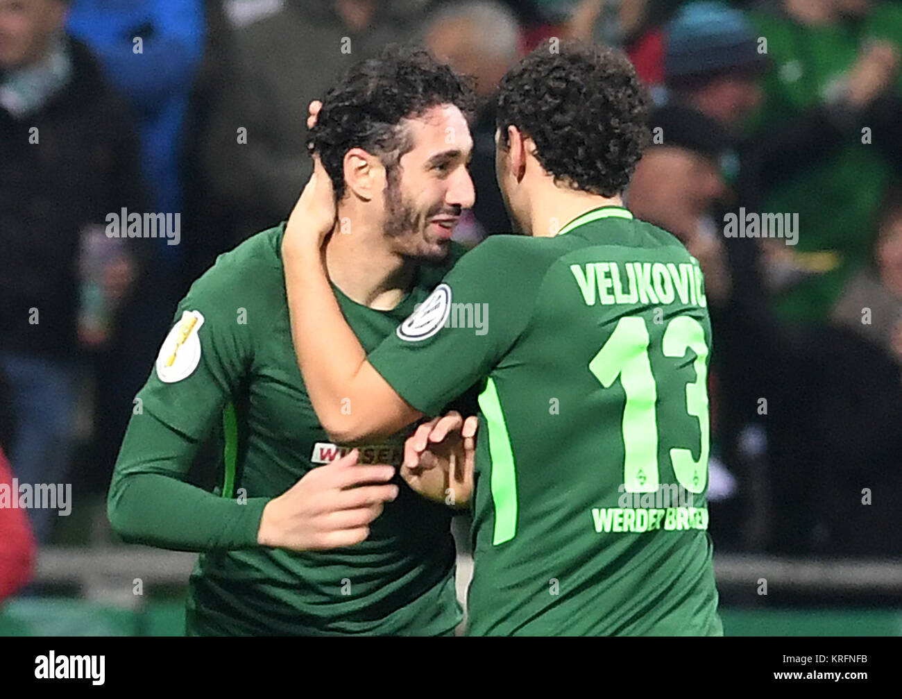 Werder's Ishak Belfodil (L) celebrates his 1-0 goal together with his ...