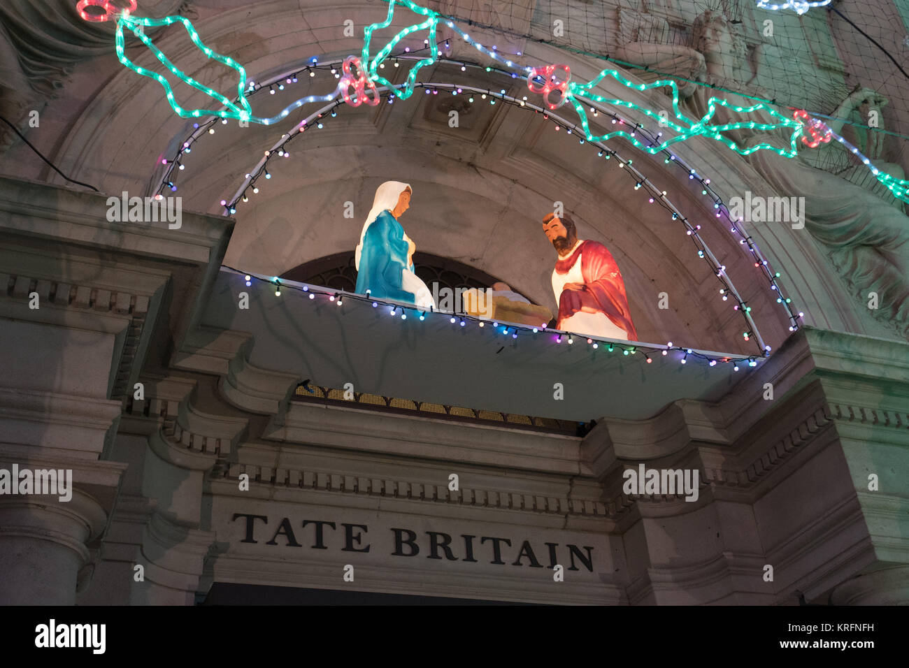 London, UK. 20th Dec, 2017. An illuminated nativity scene, part of the ...