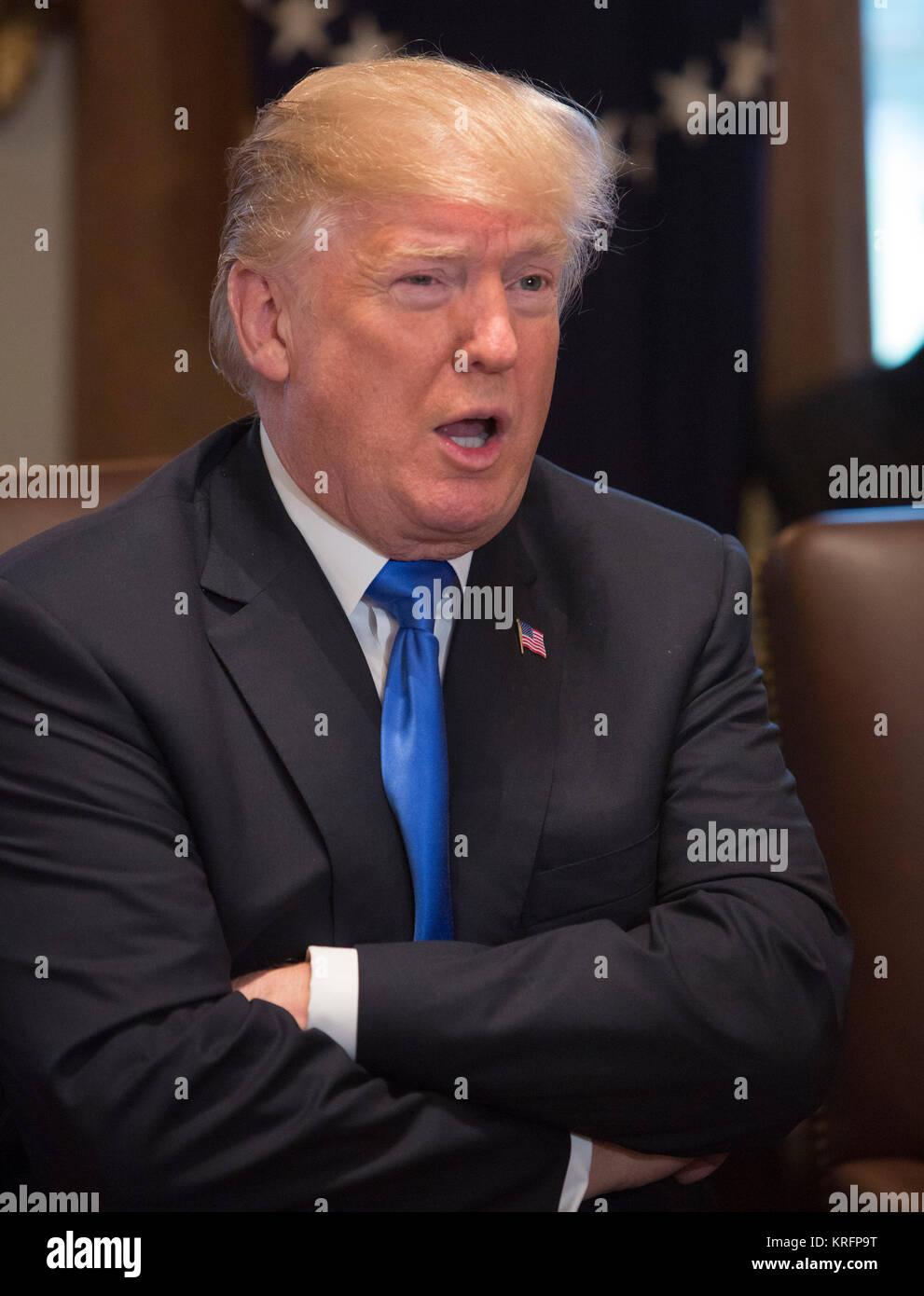 United States President Donald J. Trump speaks to the media during a ...