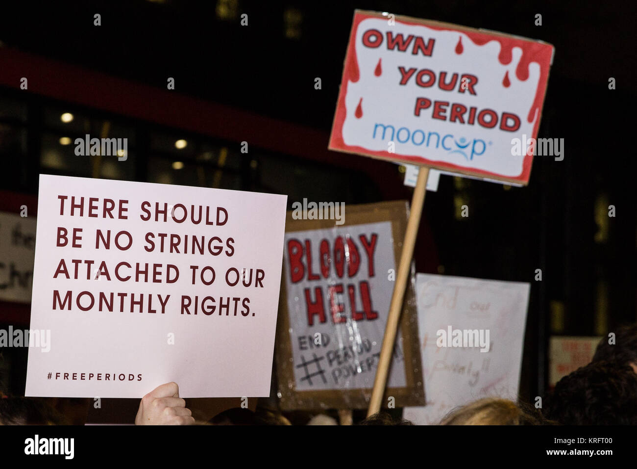 London, UK. 20th Dec, 2017. Placards used by campaigners against period ...
