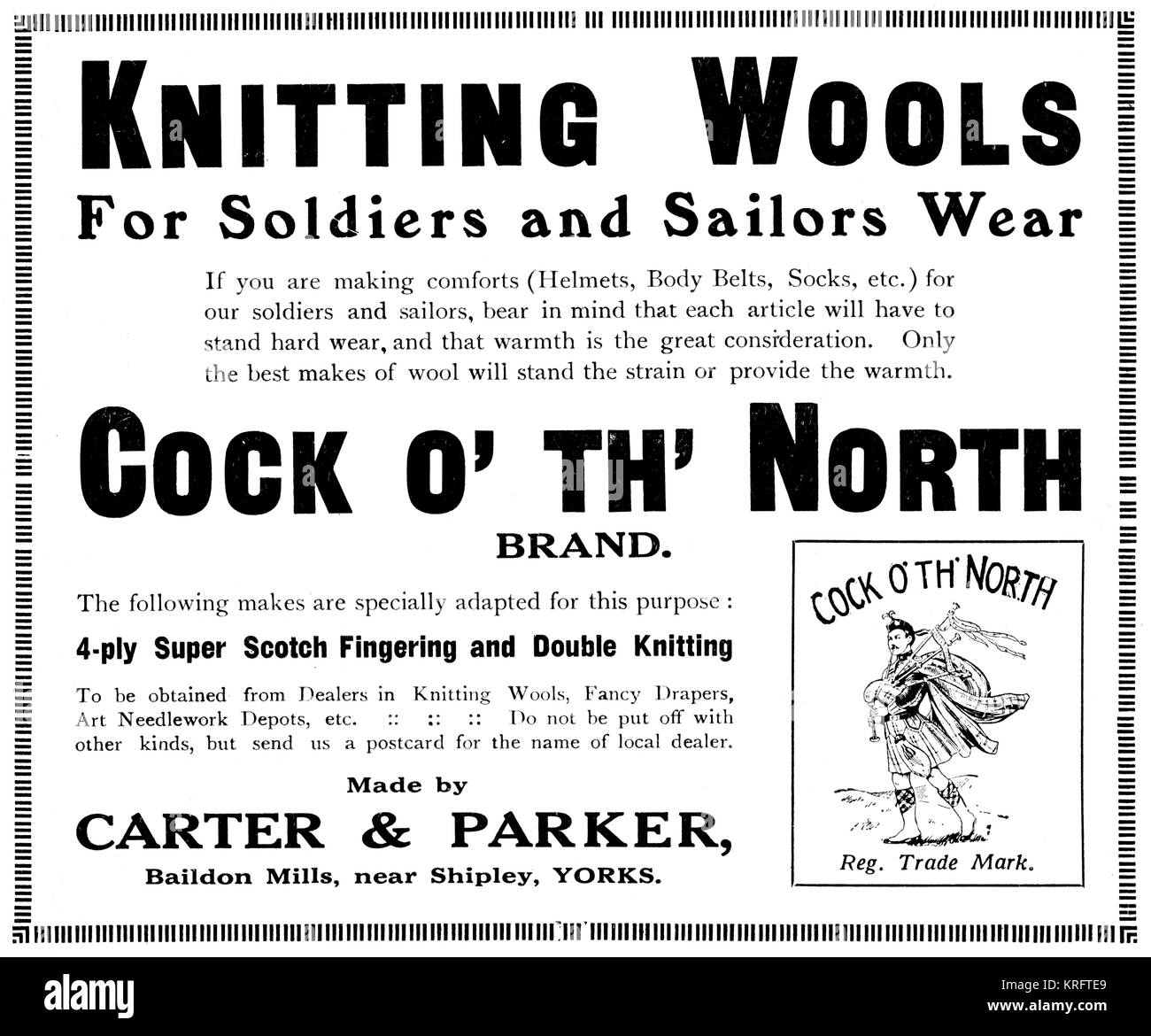 Cock o' th' North wool advertisement, WW1 knitting Stock Photo - Alamy