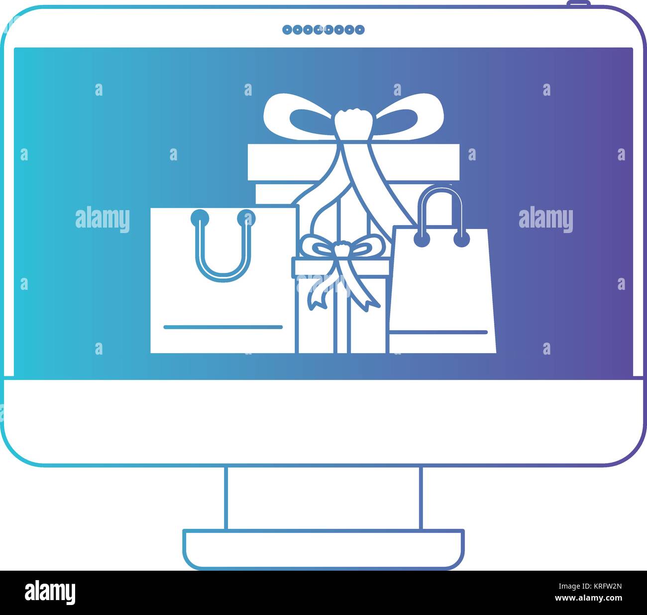desktop computer front view with gift boxes and shopping bags in screen ...