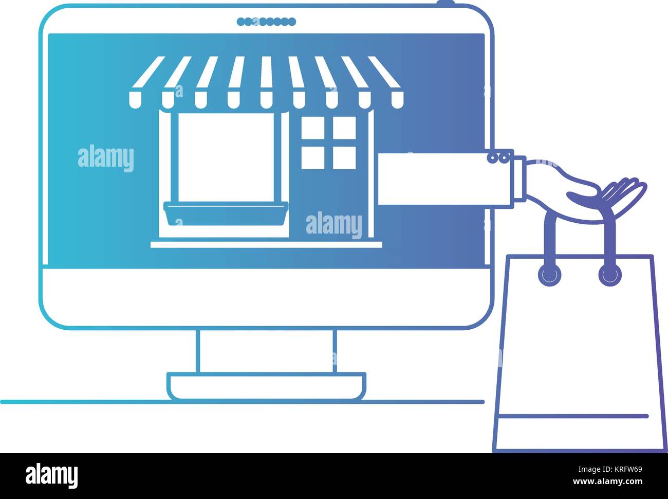 desktop computer front view with online store and shopping bag in ...