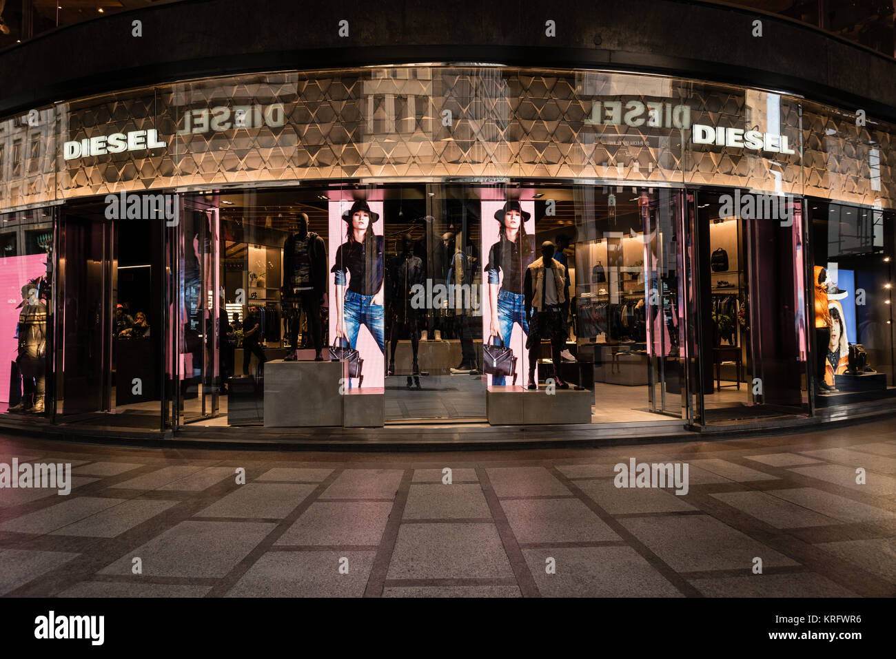 Milan, Italy - October 9, 2016: Shop window and entrance of a Diesel shop in Milan, Italy. Few ...