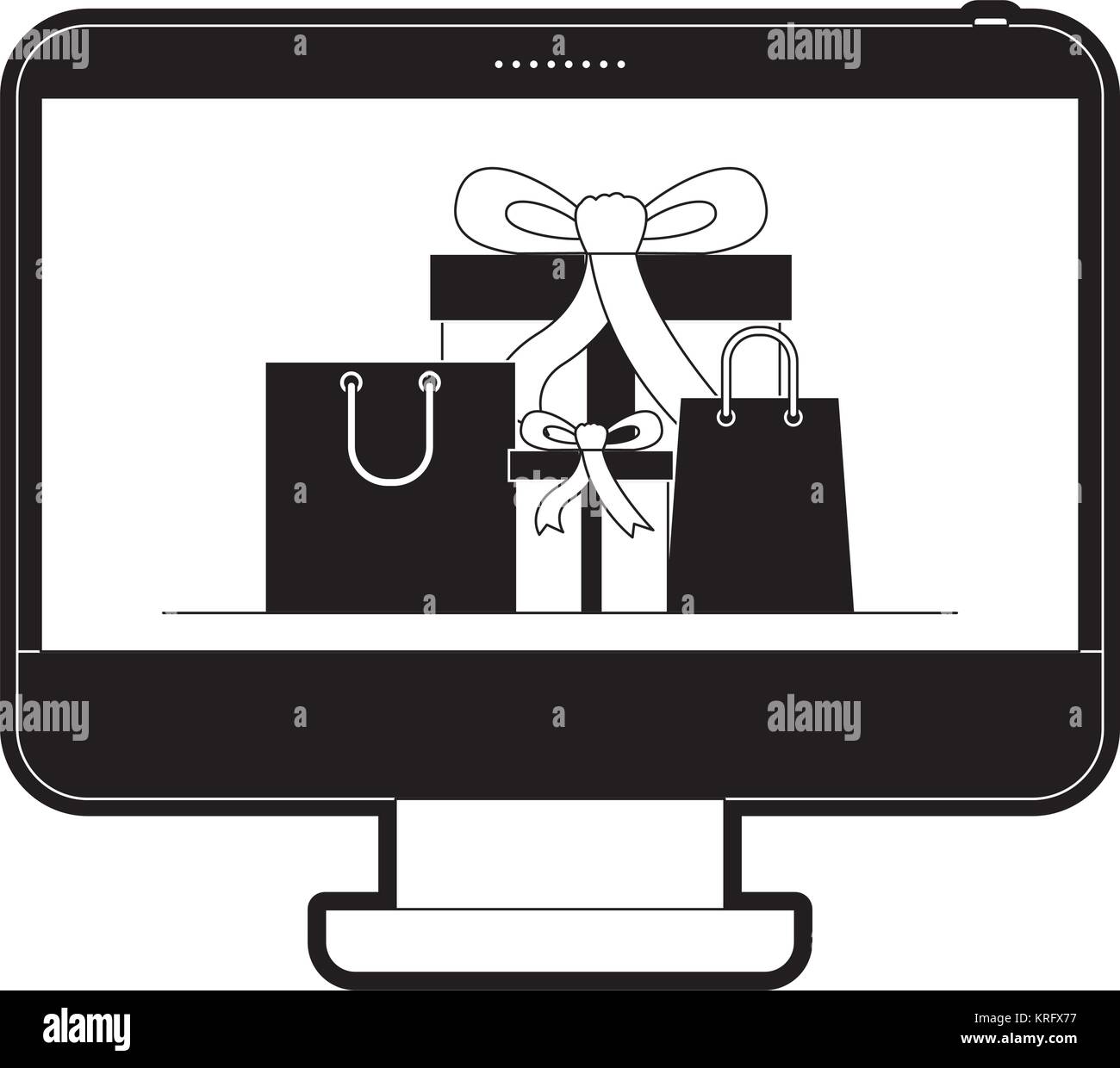 desktop computer front view with gift boxes and shopping bags in screen ...