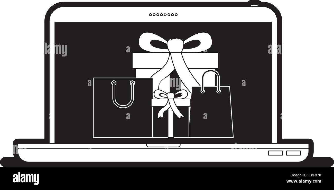 laptop computer front view with gift boxes and shopping bags in screen ...