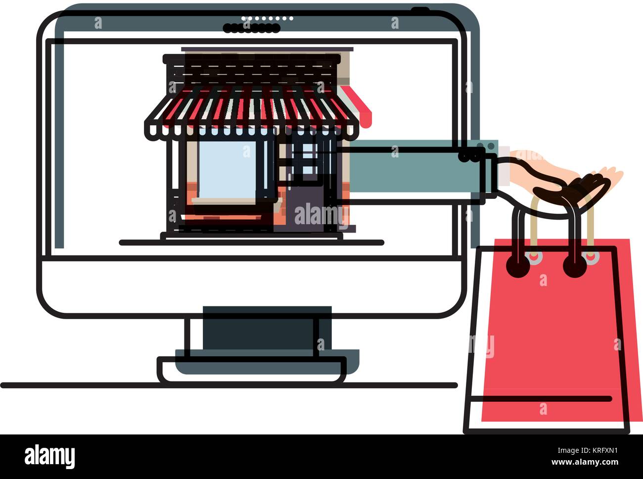 desktop computer front view with online store and shopping bag in ...