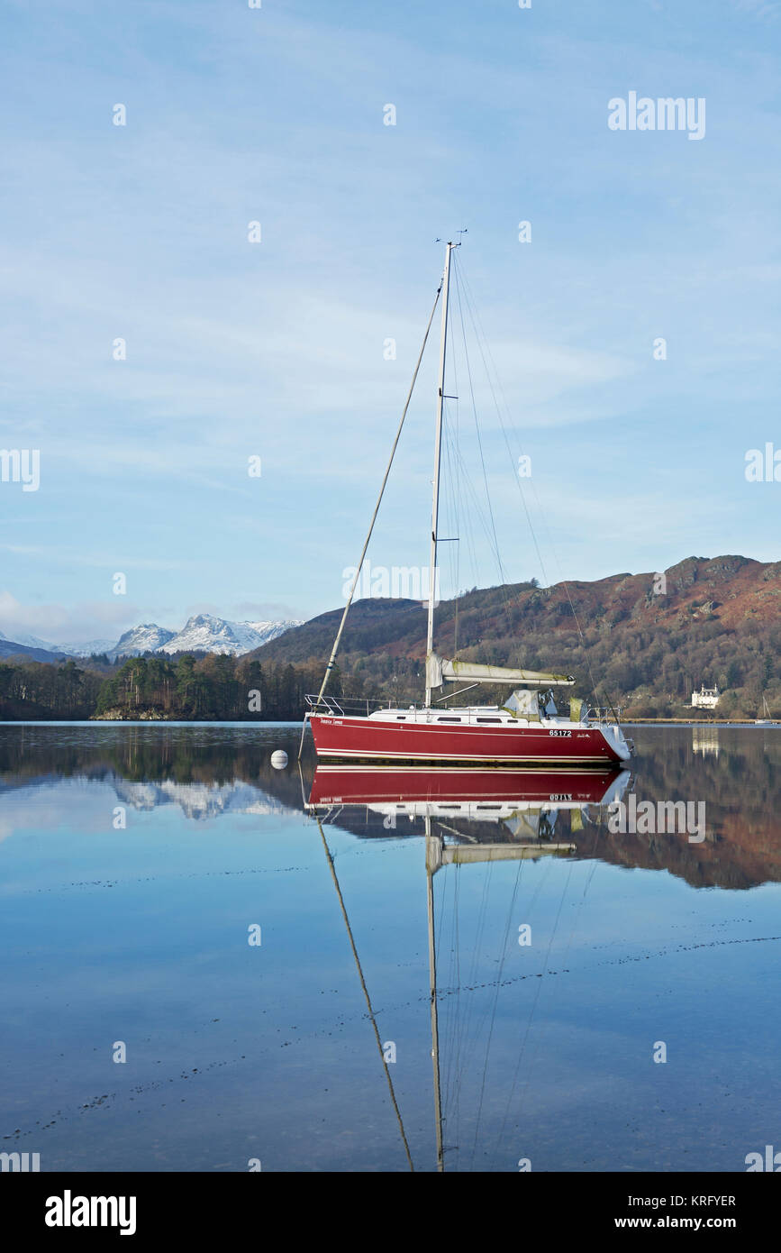 Boat on Lake Windermere at Waterhead, and Langdale Pikes, Lake District National Park, Cumbria ...