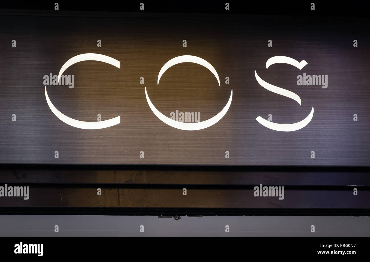 Milan, Italy - February 28, 2017: Shop window of a Cos logo on a Cos ...