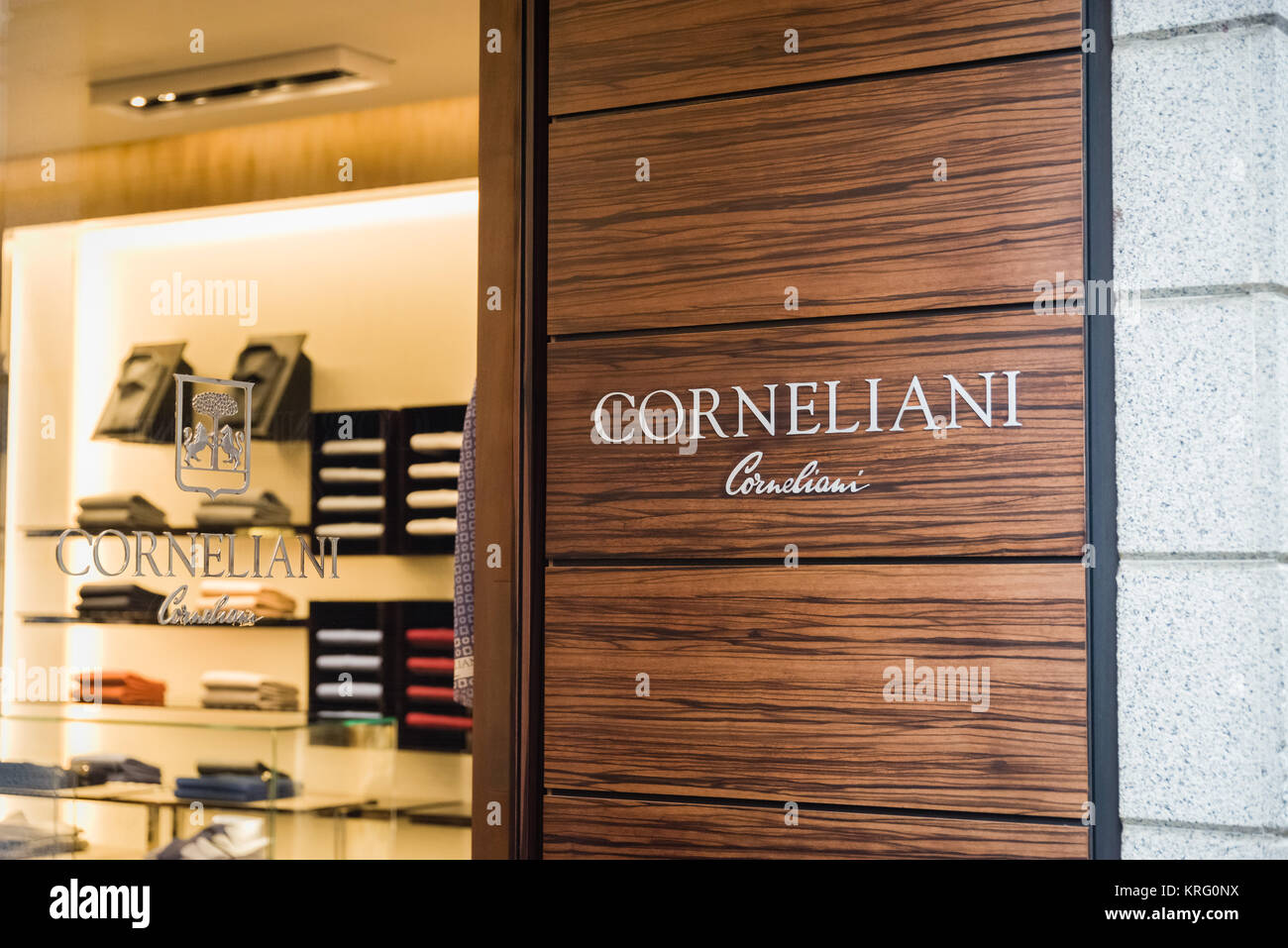 Milan, Italy - February 28, 2017: Shop window of a Corneliani logo on a ...